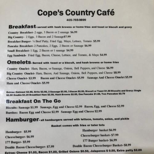 Cope's Country Cafe menu in Macomb, Oklahoma, USA
