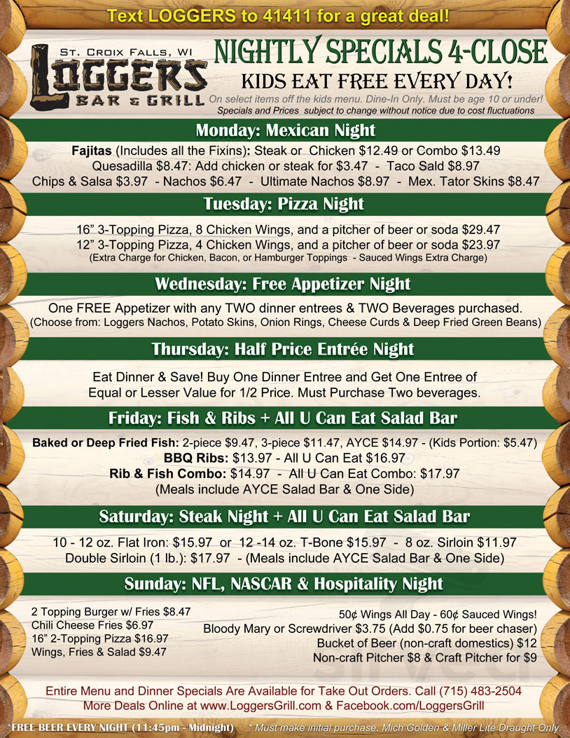 Loggers Bar & Grill menu in St Croix Falls, Wisconsin, USA