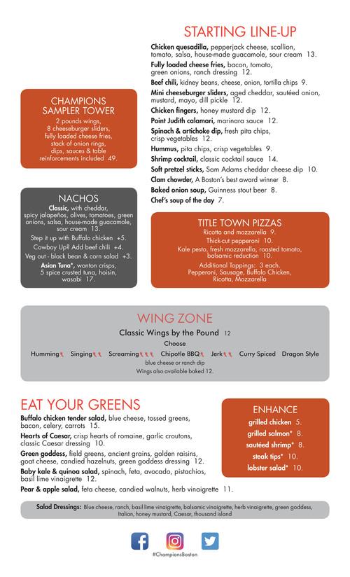 Champions menu in Boston, Massachusetts, USA