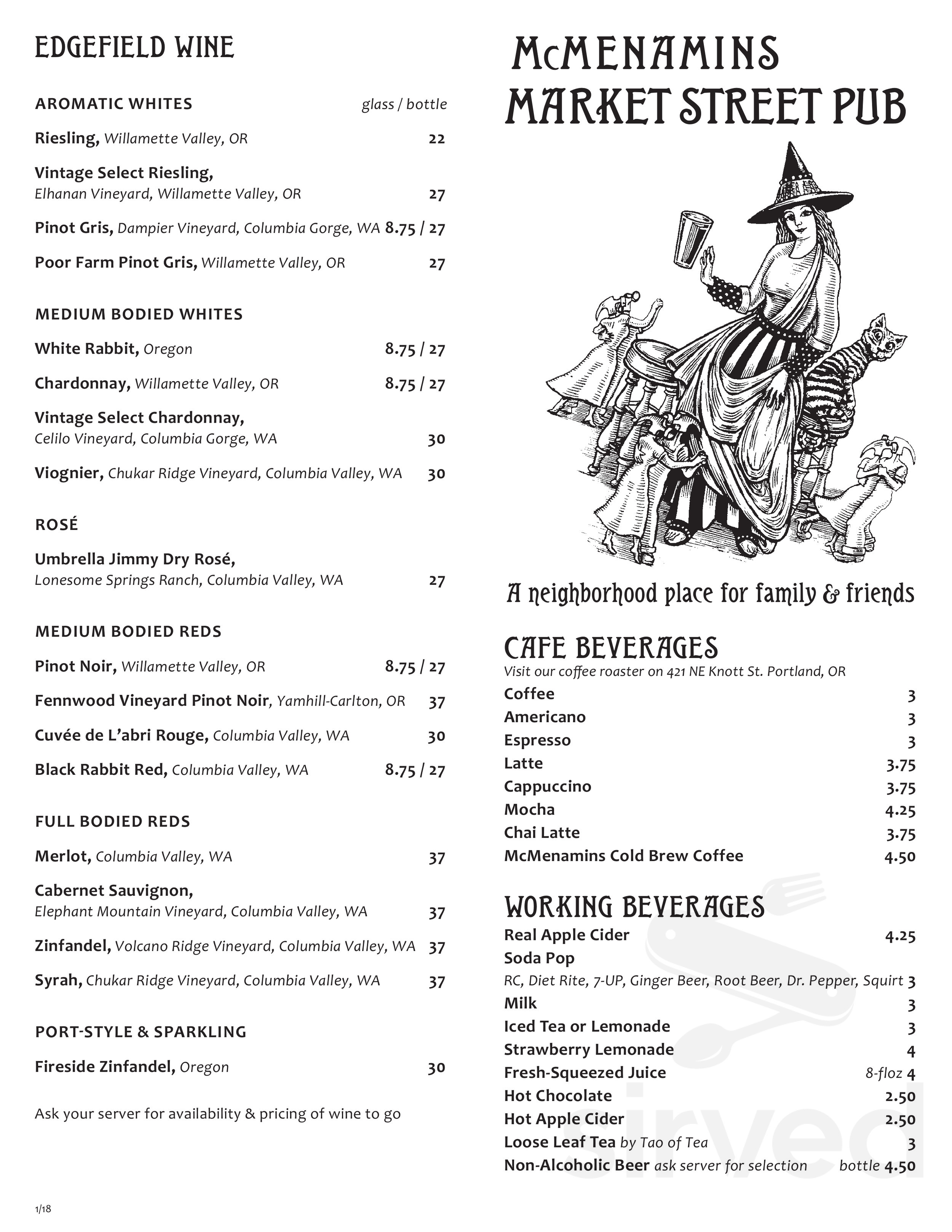 McMenamins Market Street Pub menu in Portland, Oregon, USA