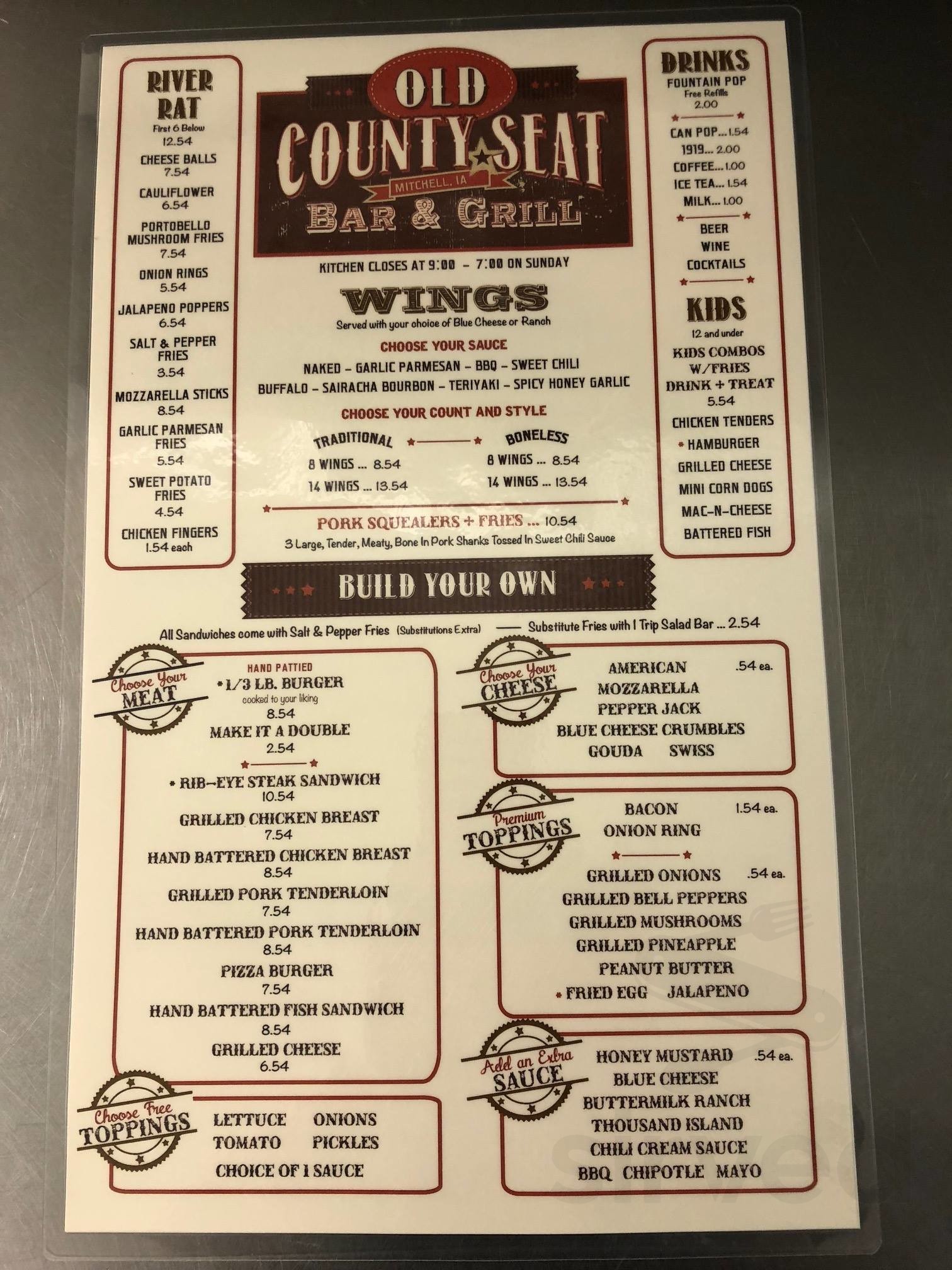 Old County Seat menu in Mitchell, Iowa, USA