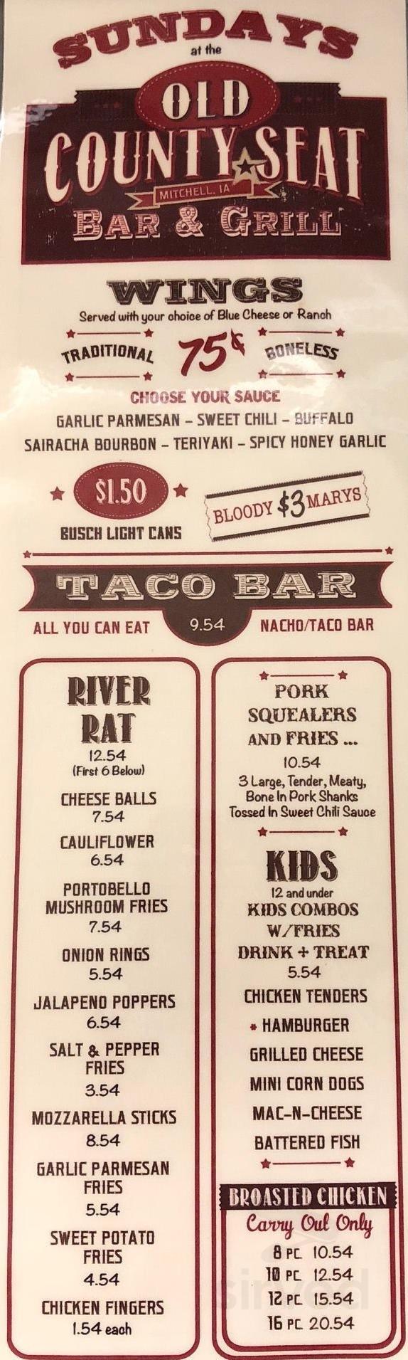 Old County Seat menu in Mitchell, Iowa, USA