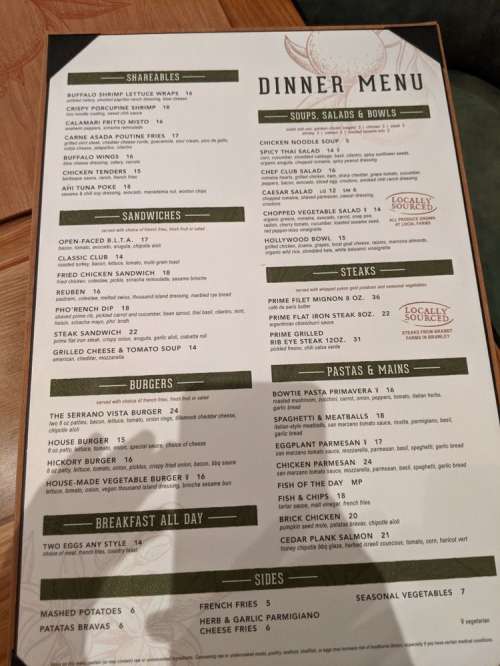 Serrano Vista Cafe menu in Highland, California, USA