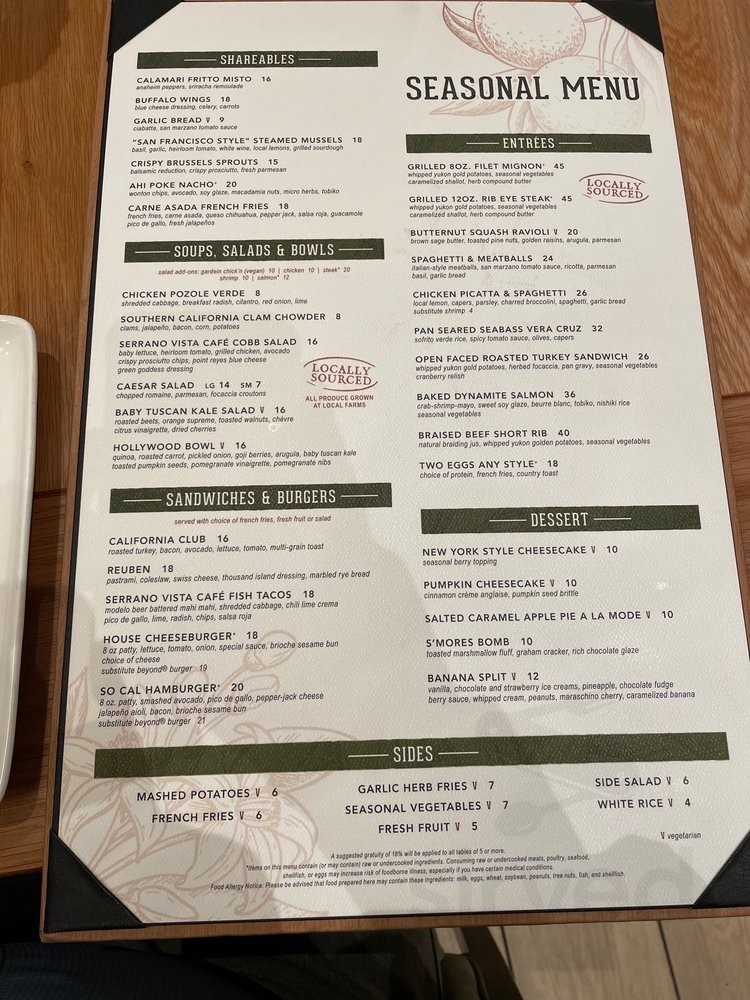 Serrano Vista Cafe menu in Highland, California, USA