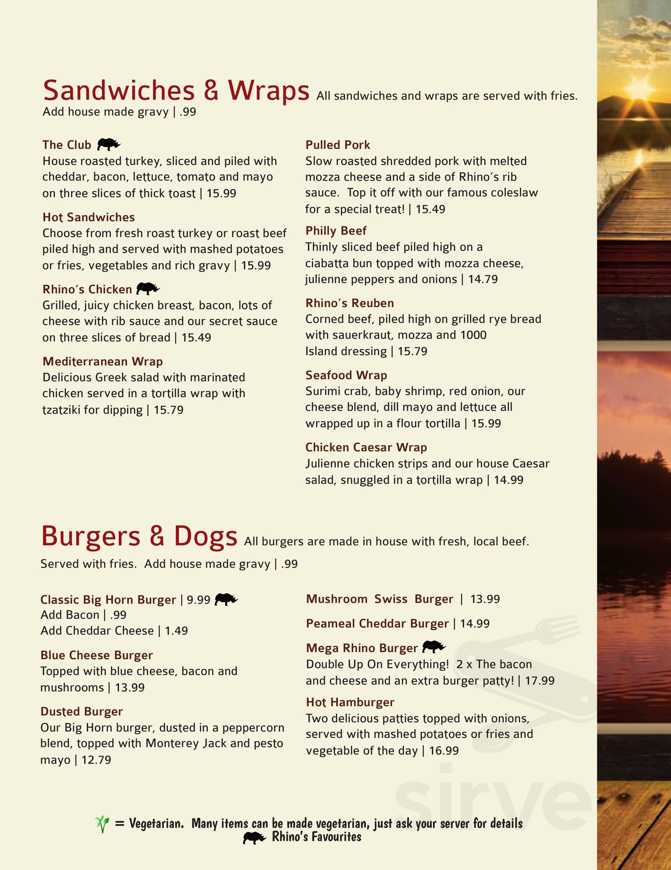 Rhino's Roadhouse menus in Bewdley, Ontario, Canada