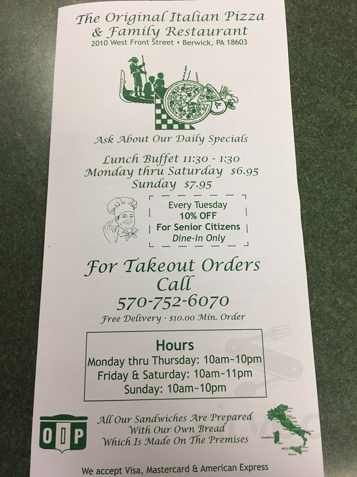 Original Italian Pizza menu in Berwick, Pennsylvania, USA