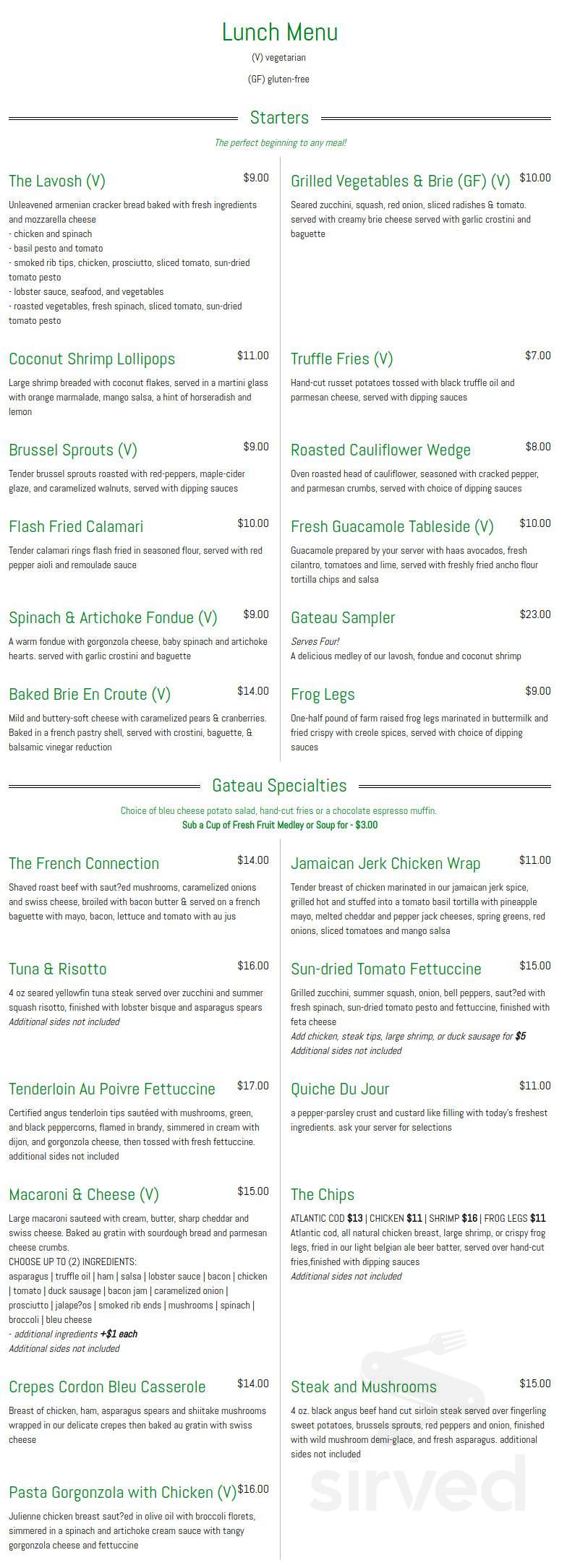 The Green Gateau menu in Lincoln, Nebraska, USA