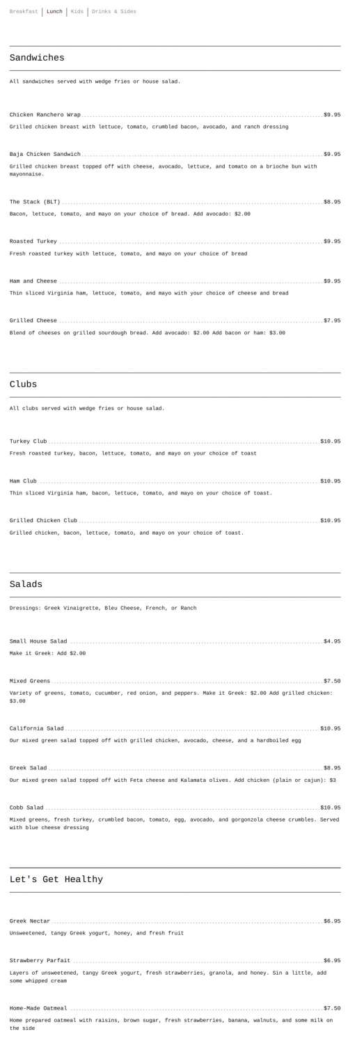 The Breakfast Club menu in Manchester, New Hampshire, USA