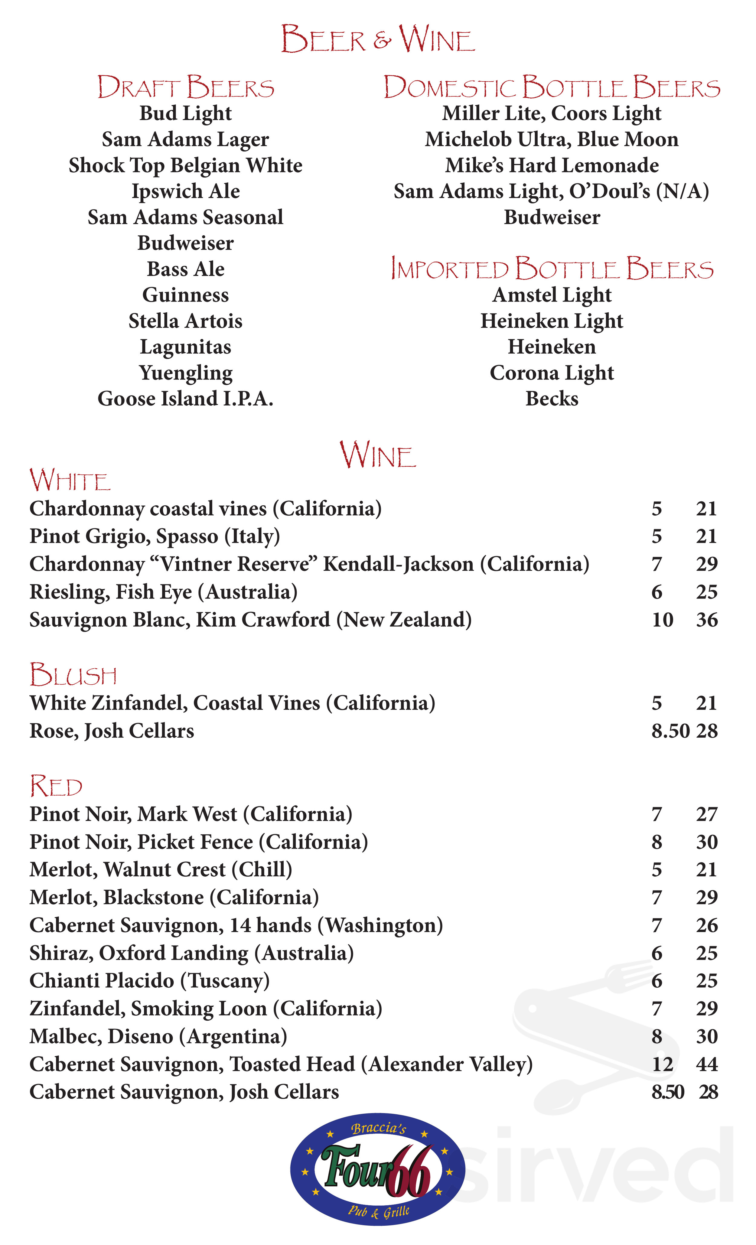 Four66 Pub & Grille menu in Danvers, Massachusetts, USA