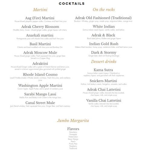 Adrak 2 Indian Cuisine And Bar menu in Westerly, Rhode Island, USA