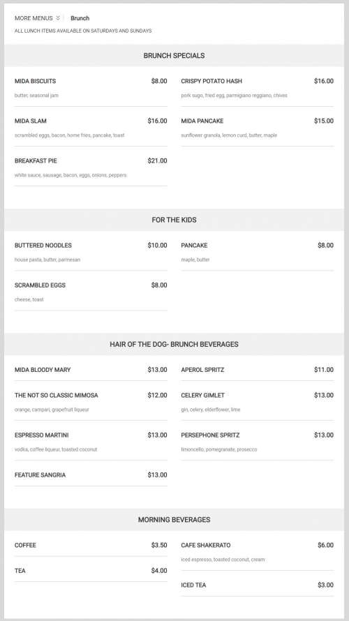 MIDA menu in Newton, Massachusetts, USA