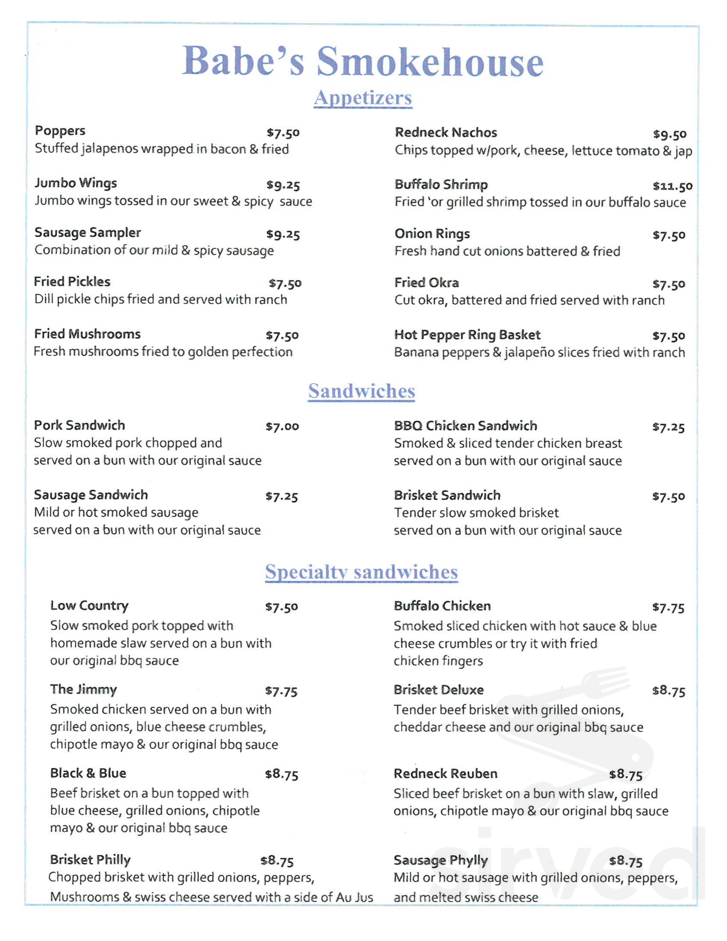 Babe's Smokehouse menu in Savannah, Georgia, USA