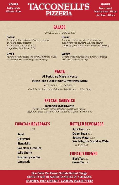 Tacconelli's Pizzeria menu in Maple Shade, New Jersey, USA