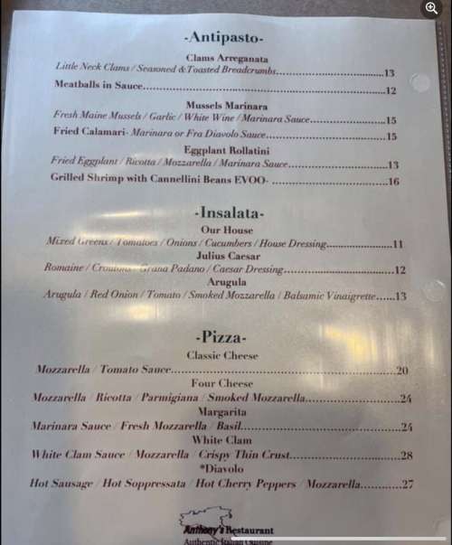 Anthony's Restaurant menu in The Bronx, New York, USA