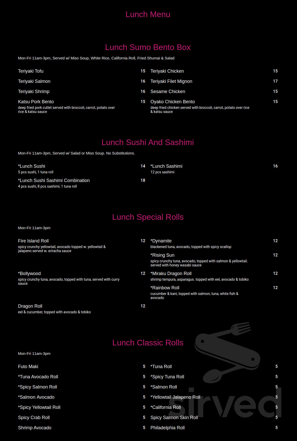 Menu for Pink Sumo Sushi & Sake Café in Westport, CT | Sirved