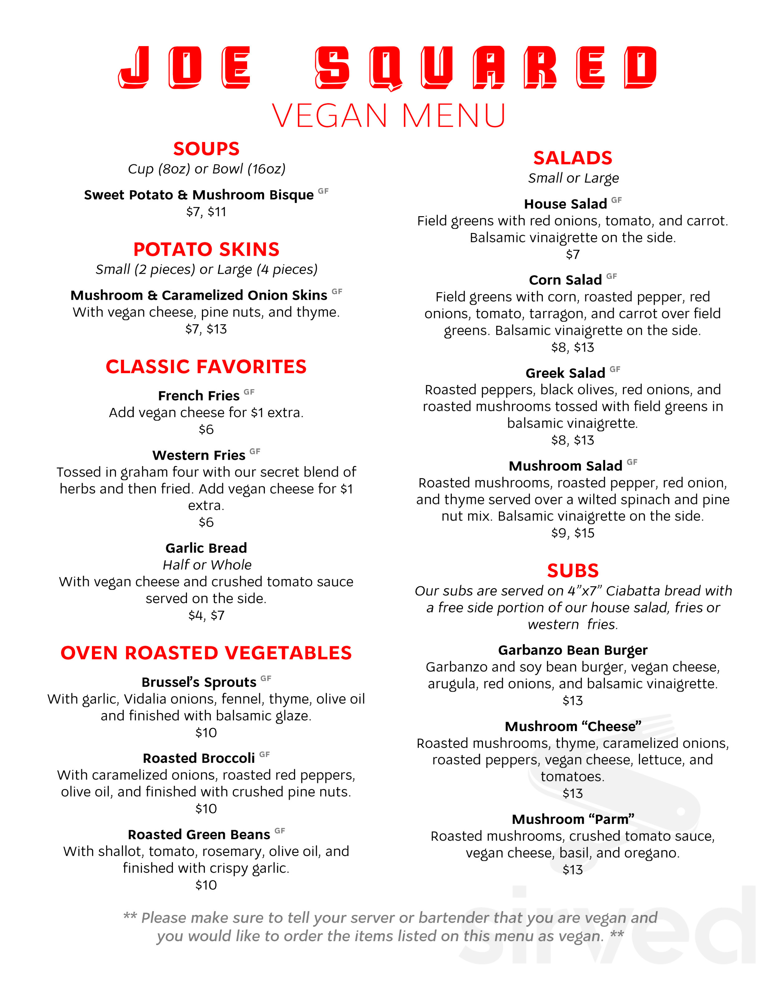 Joe Squared menu in Baltimore, Maryland, USA