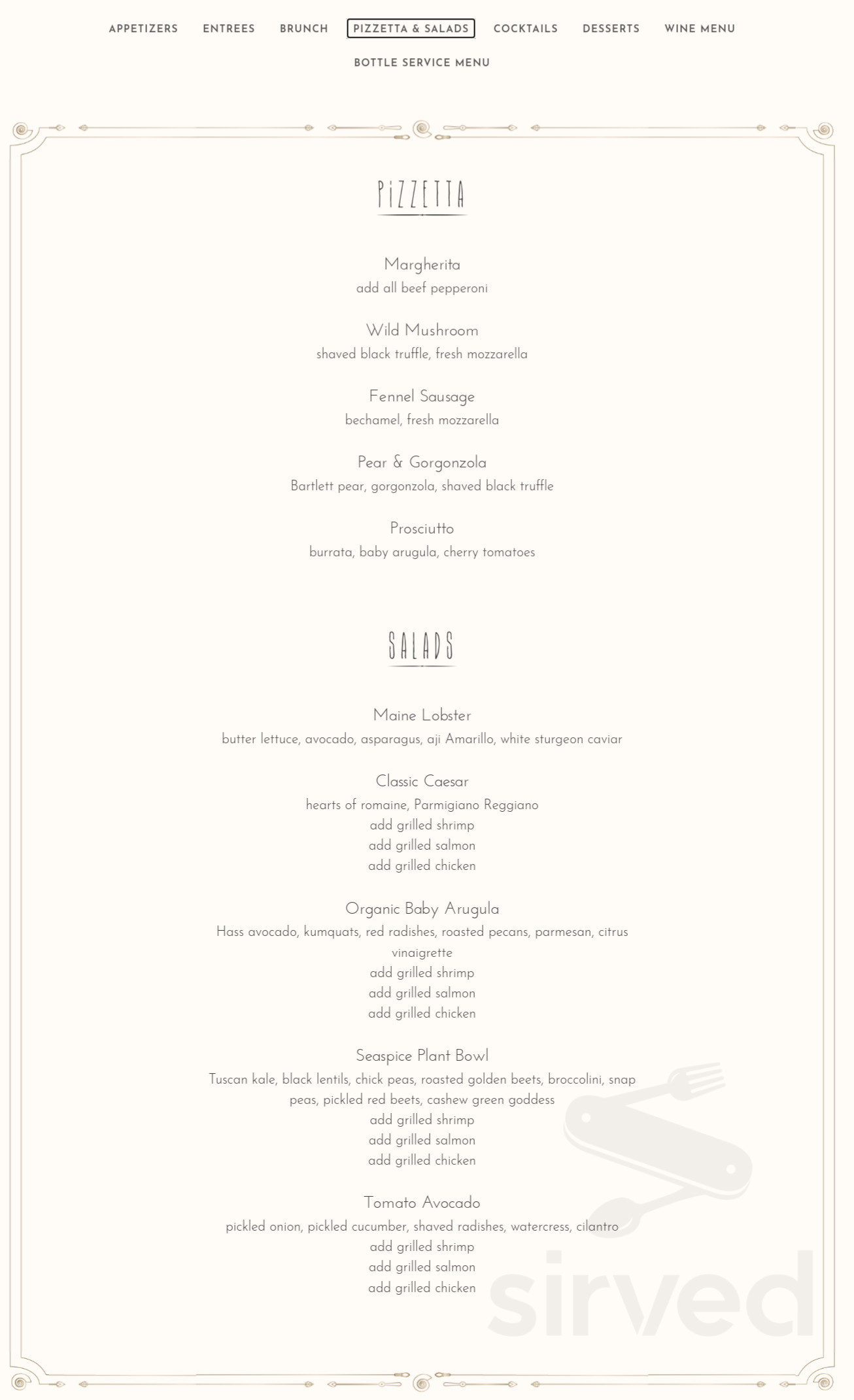 Seaspice Brasserie & Lounge menu in Miami, Florida, USA