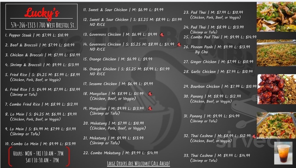 Lucky's menu in Elkhart, Indiana, USA