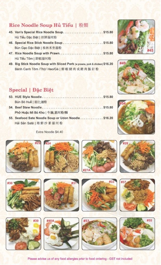 Pho Van Vietnamese Restaurant menu in Calgary, Alberta, Canada