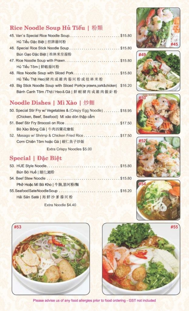 Pho Van Vietnamese Restaurant menu in Calgary, Alberta, Canada