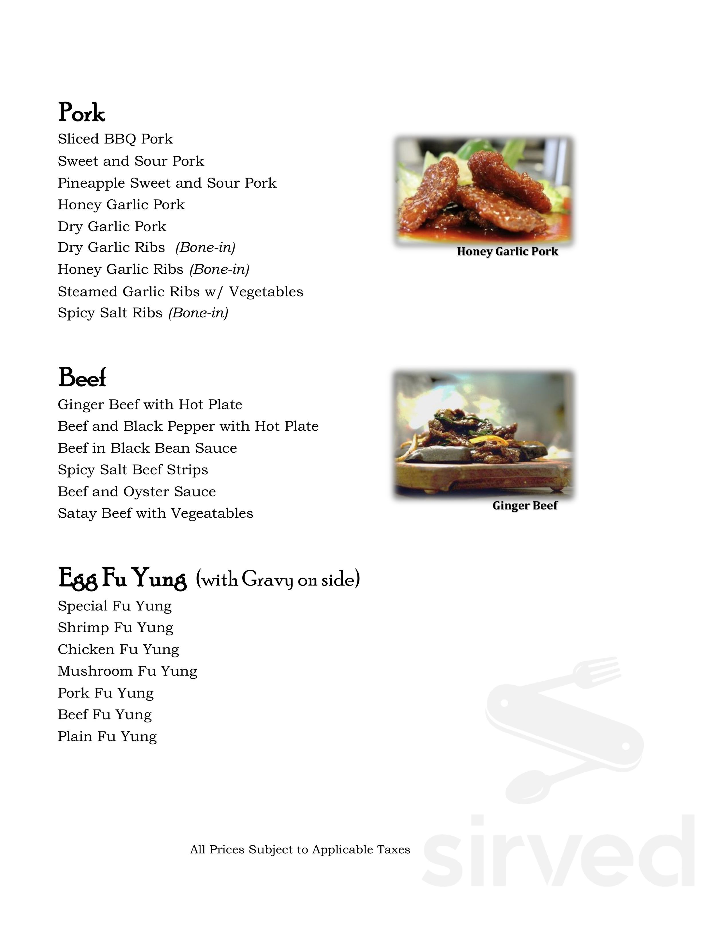 Northern Palace Restaurant menu in Prince George, British Columbia, Canada