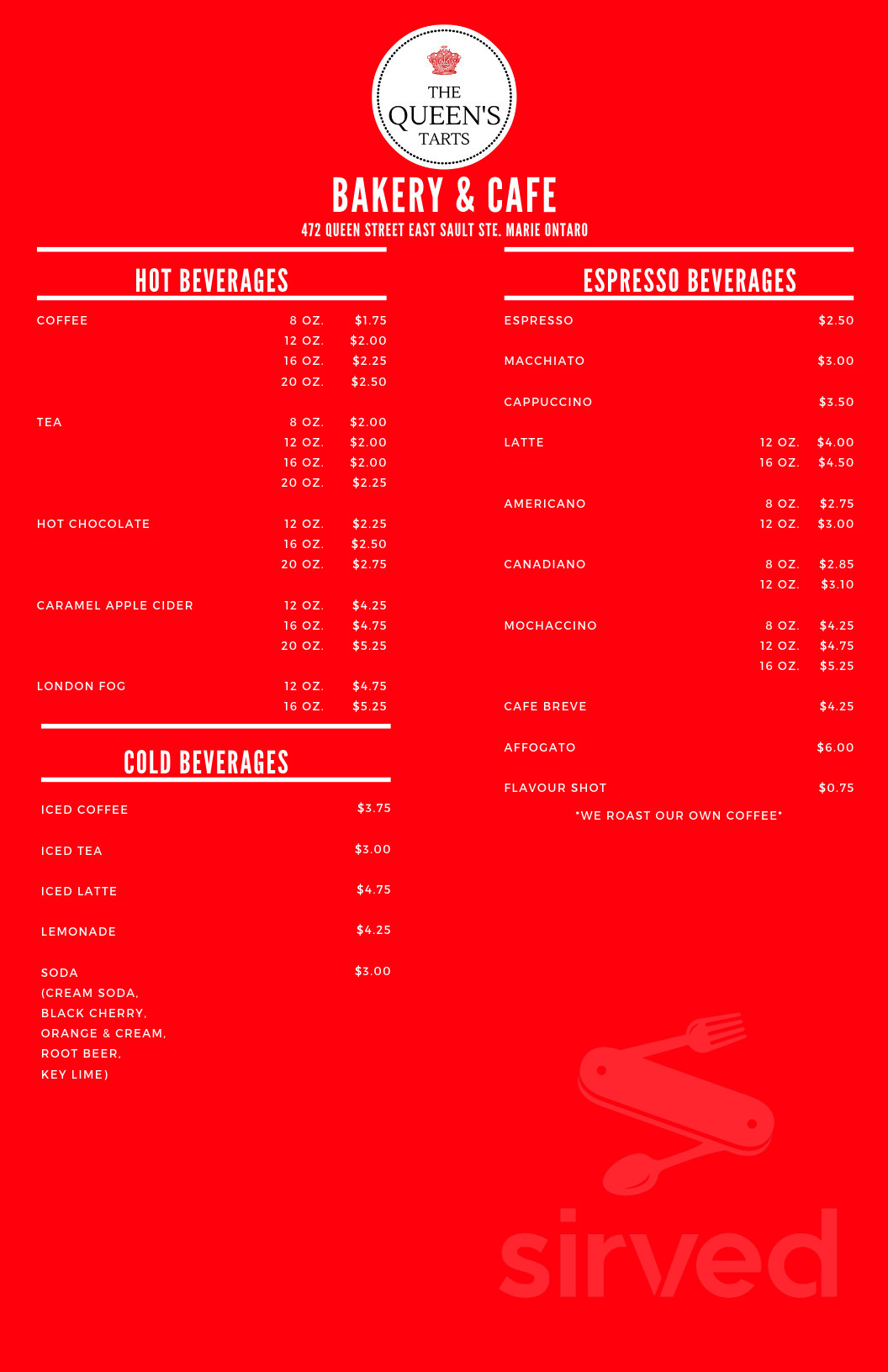 The Queen's Tarts menu in Sault Ste. Marie, Ontario, Canada