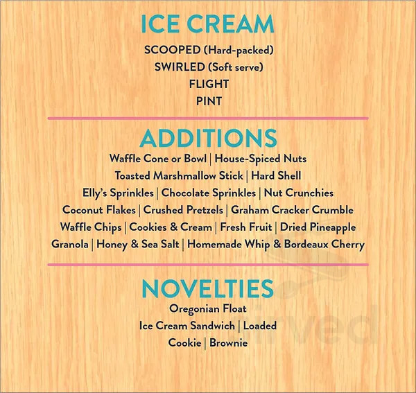 Elly's Ice Cream menu in Bend, Oregon, USA