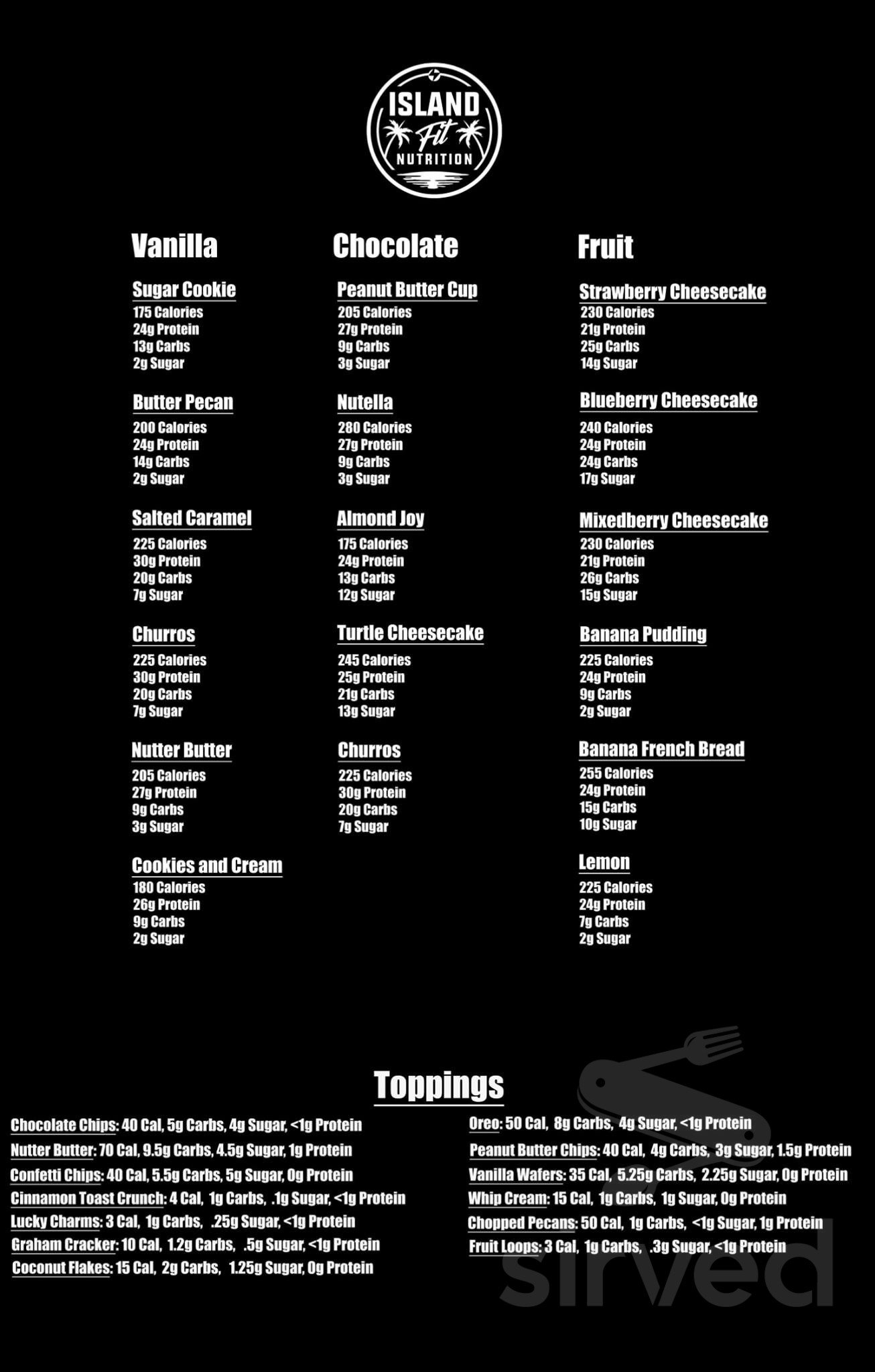 Island Fit Nutrition menu in Pensacola, Florida, USA