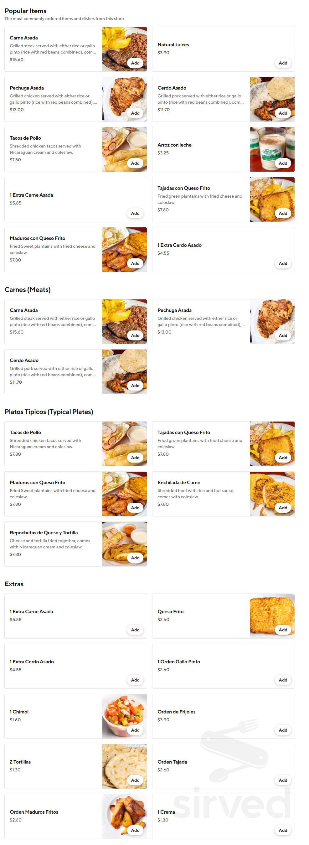 Fritanga Cana Brava menu in Miami, Florida, USA