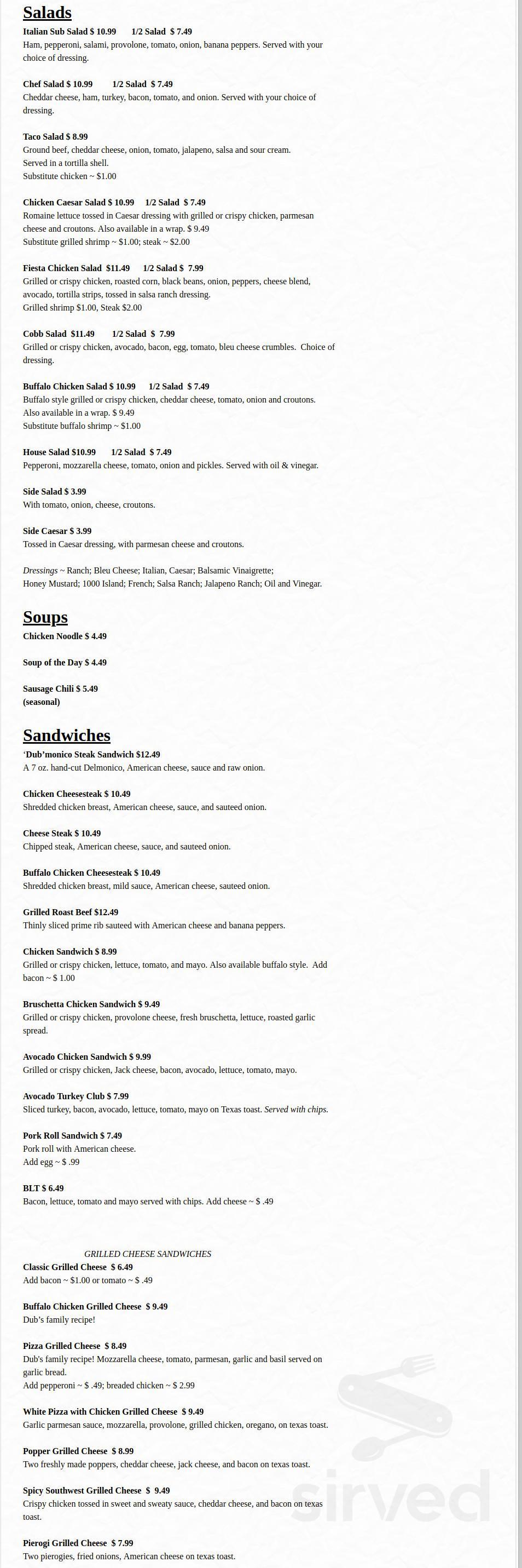 Dubs on 5th menu in West Easton, Pennsylvania, USA