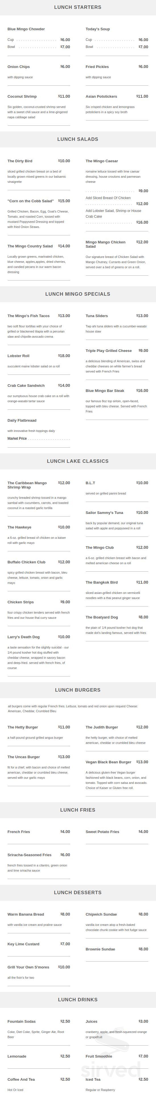 Menu - Cooperstown NY's Blue Mingo Grill | Sirved