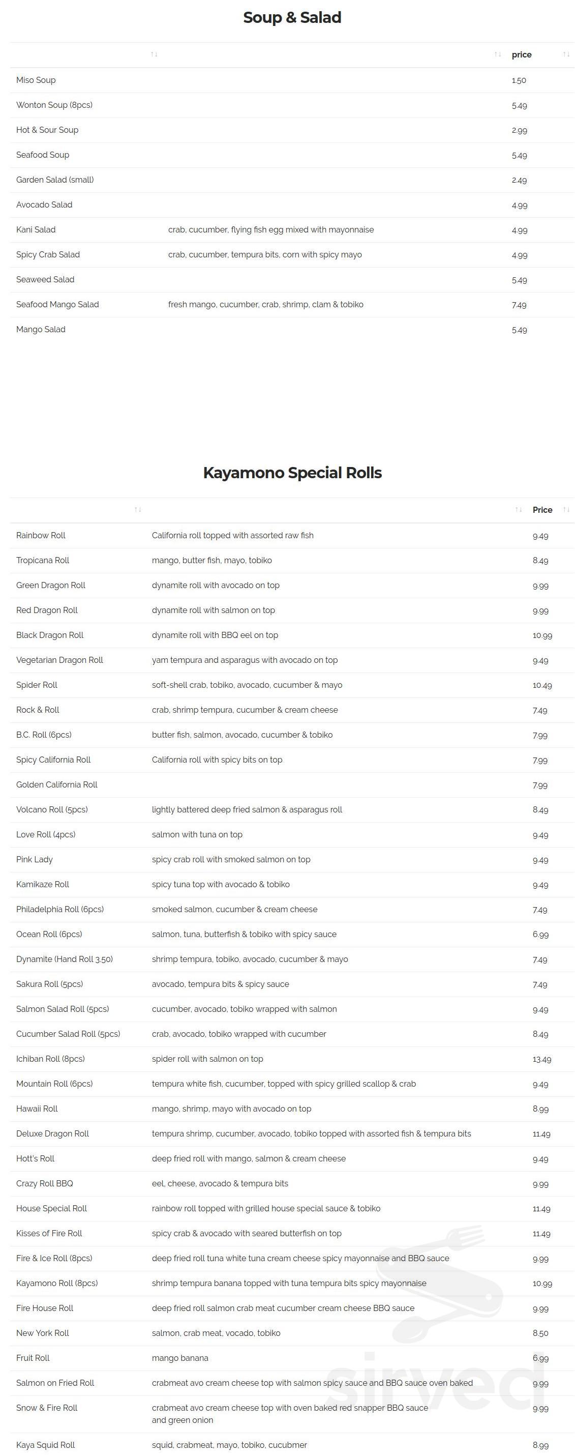 Menu - Woodbridge ON's Kayamono japanese restaurant | Sirved