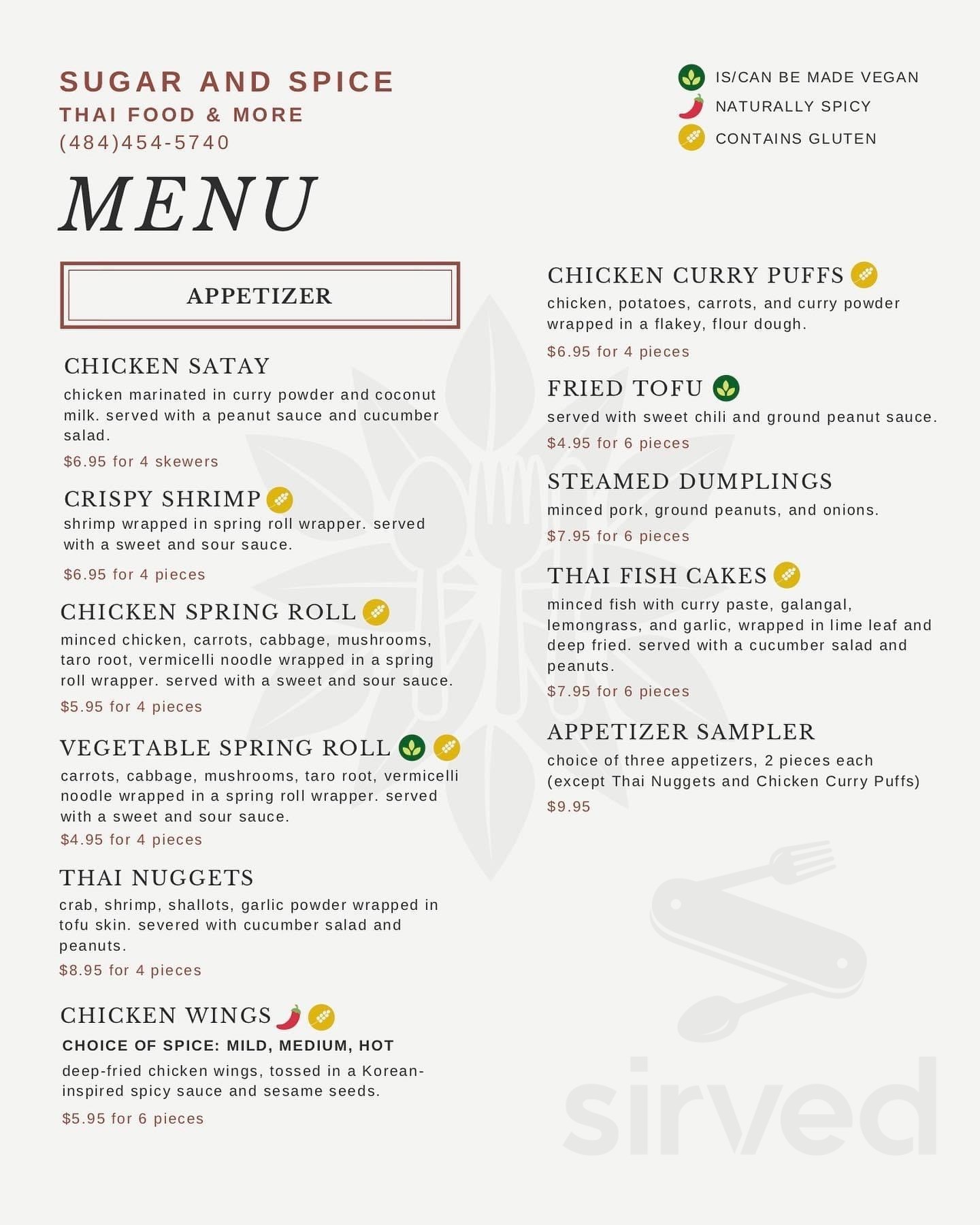 Sugar and Spice Thai Food and More menu in Havertown, Pennsylvania, USA