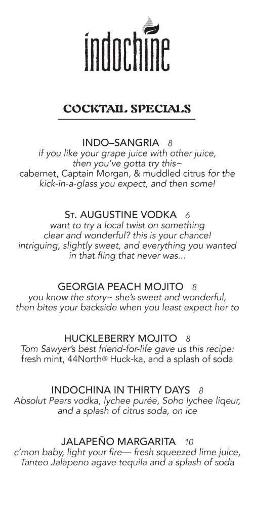 Indochine Downtown menu in Jacksonville, Florida, USA