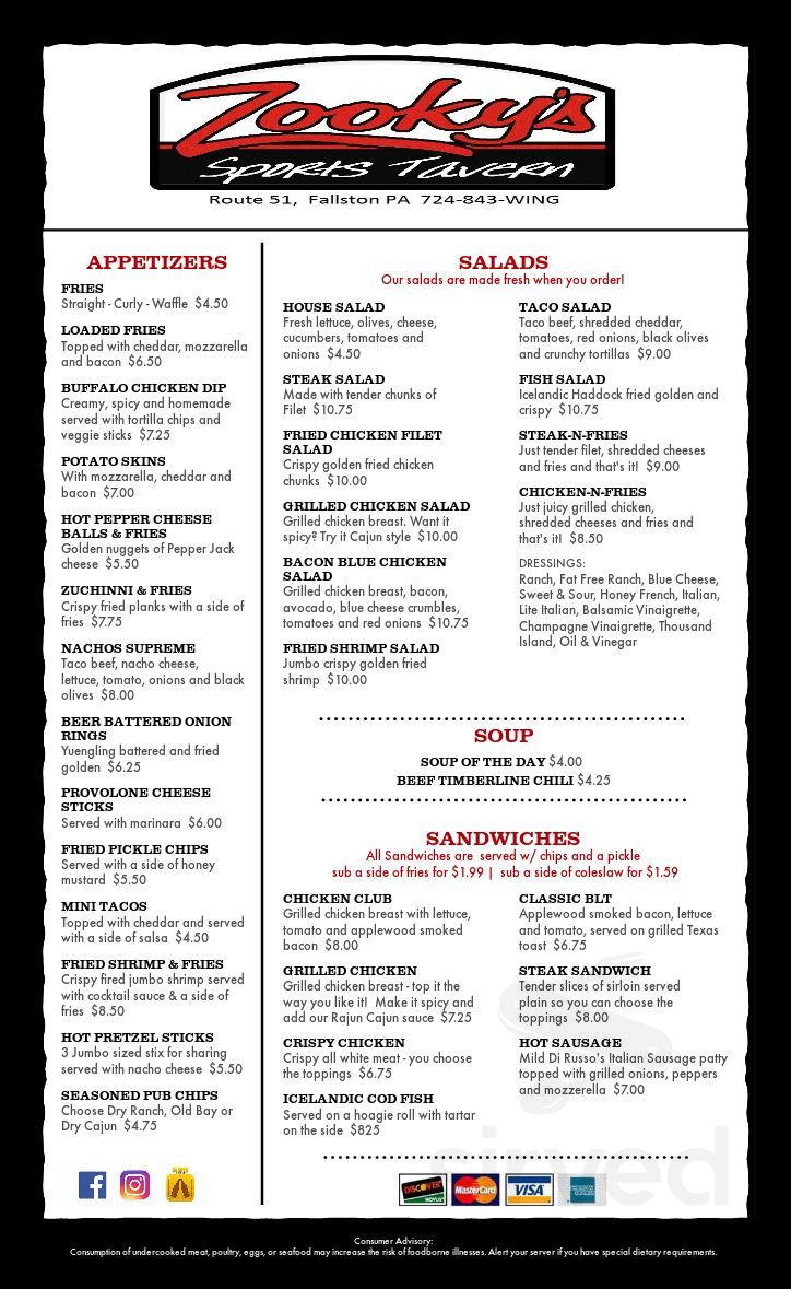 Zooky's Sports Tavern menu in New Brighton, Pennsylvania, USA