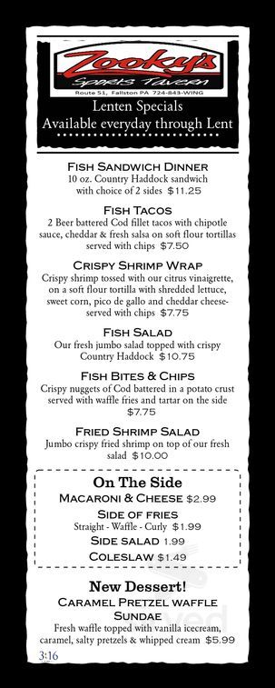 Zooky's Sports Tavern menu in New Brighton, Pennsylvania, USA