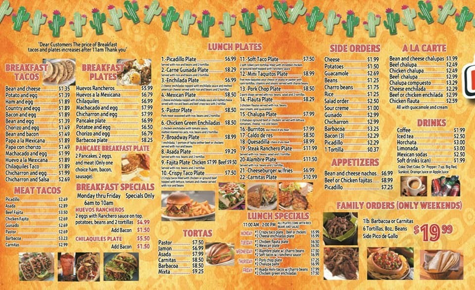 Taco Broadway menu in San Antonio, Texas, USA