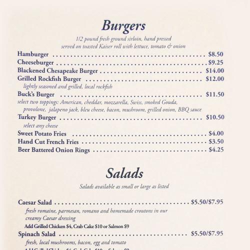 Buck's Restaurant and Tavern menu in Rising Sun, Maryland, USA