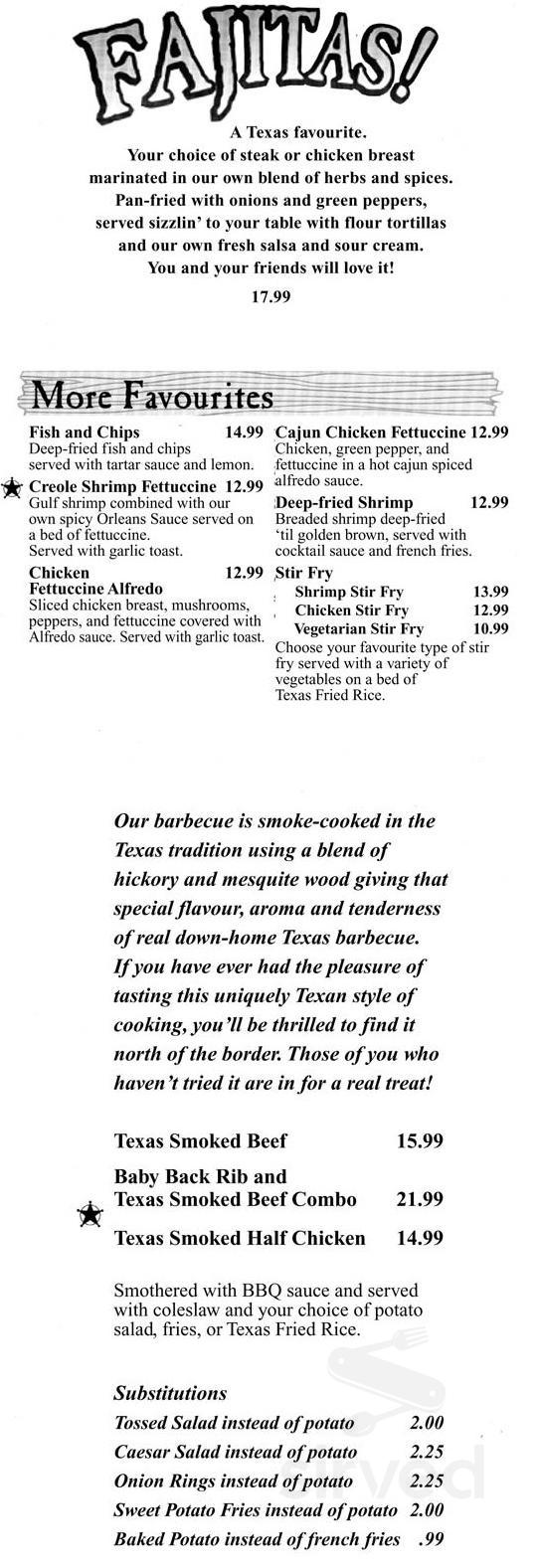 Big Guy's Ranch & Saloon menu in Winnipeg, Manitoba, Canada