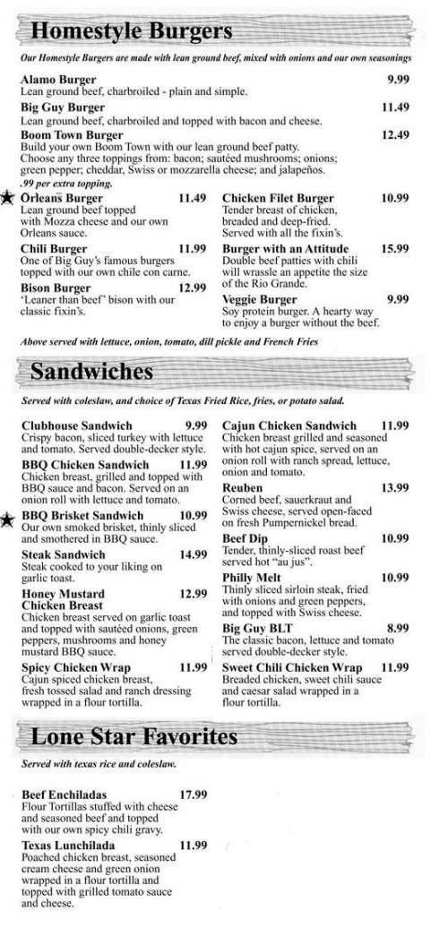 Big Guy's Ranch & Saloon menu in Winnipeg, Manitoba, Canada