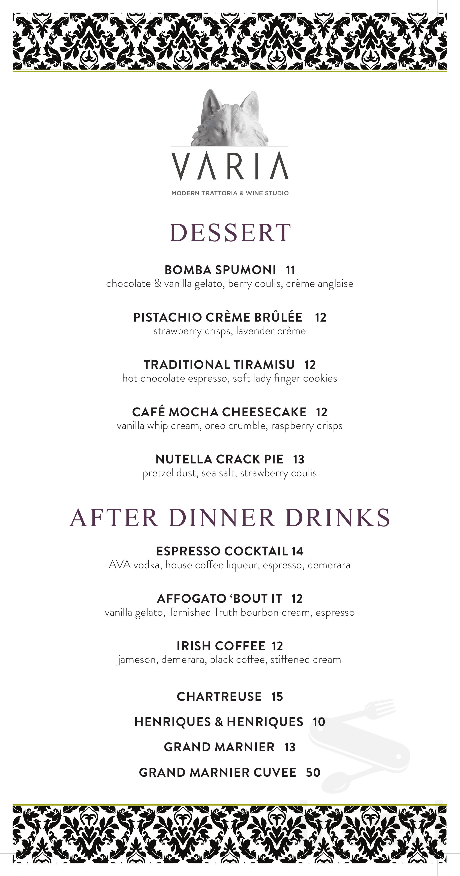 Varia menu in Norfolk, Virginia, USA