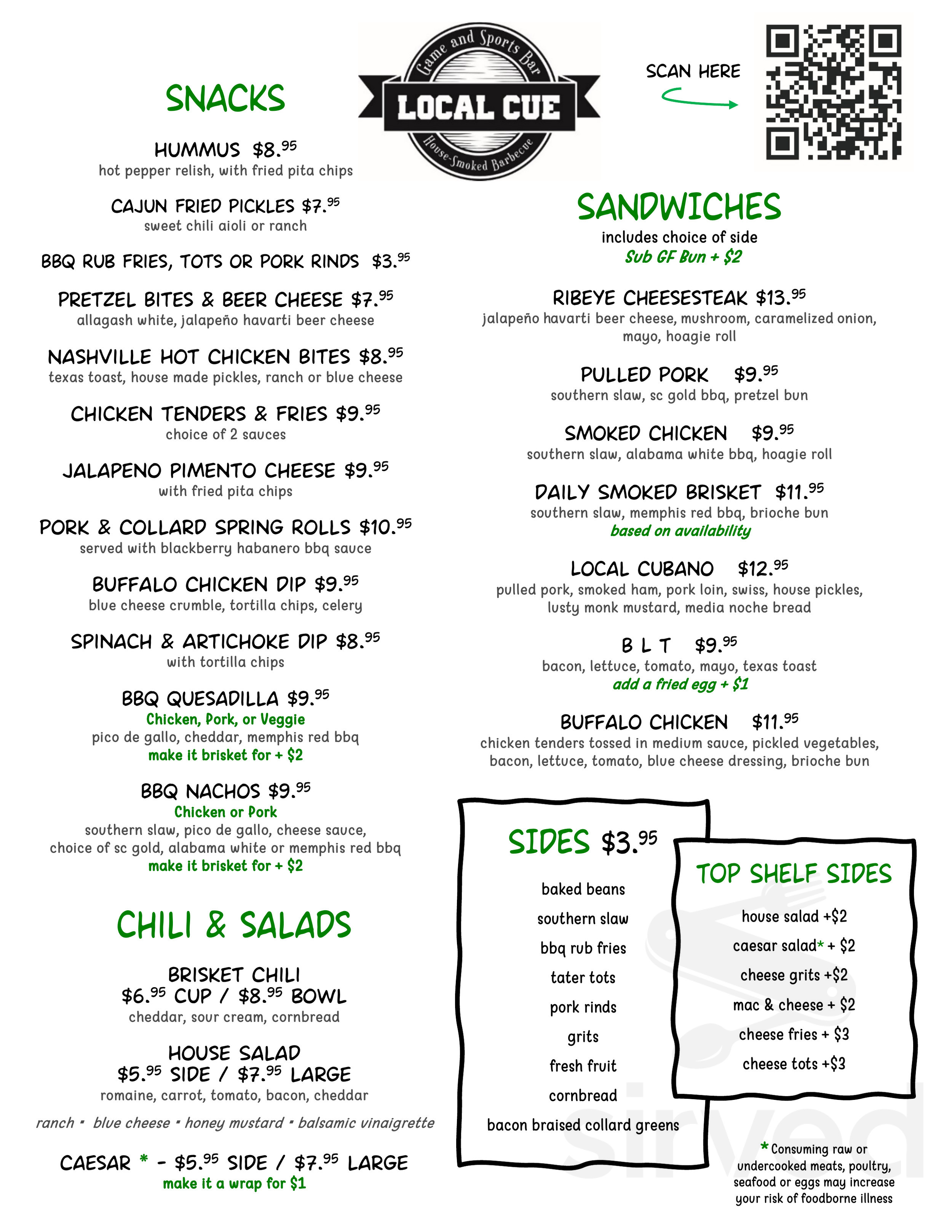 Local Cue Sports Bar menu in Greenville, South Carolina, USA