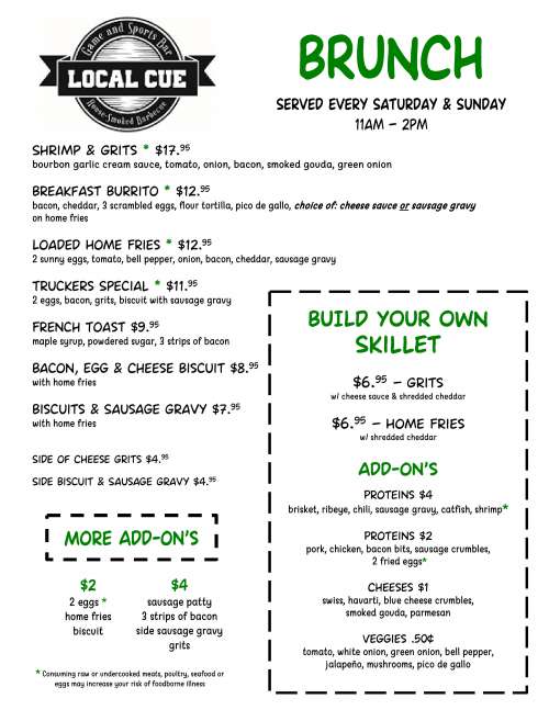 Local Cue Sports Bar menu in Greenville, South Carolina, USA