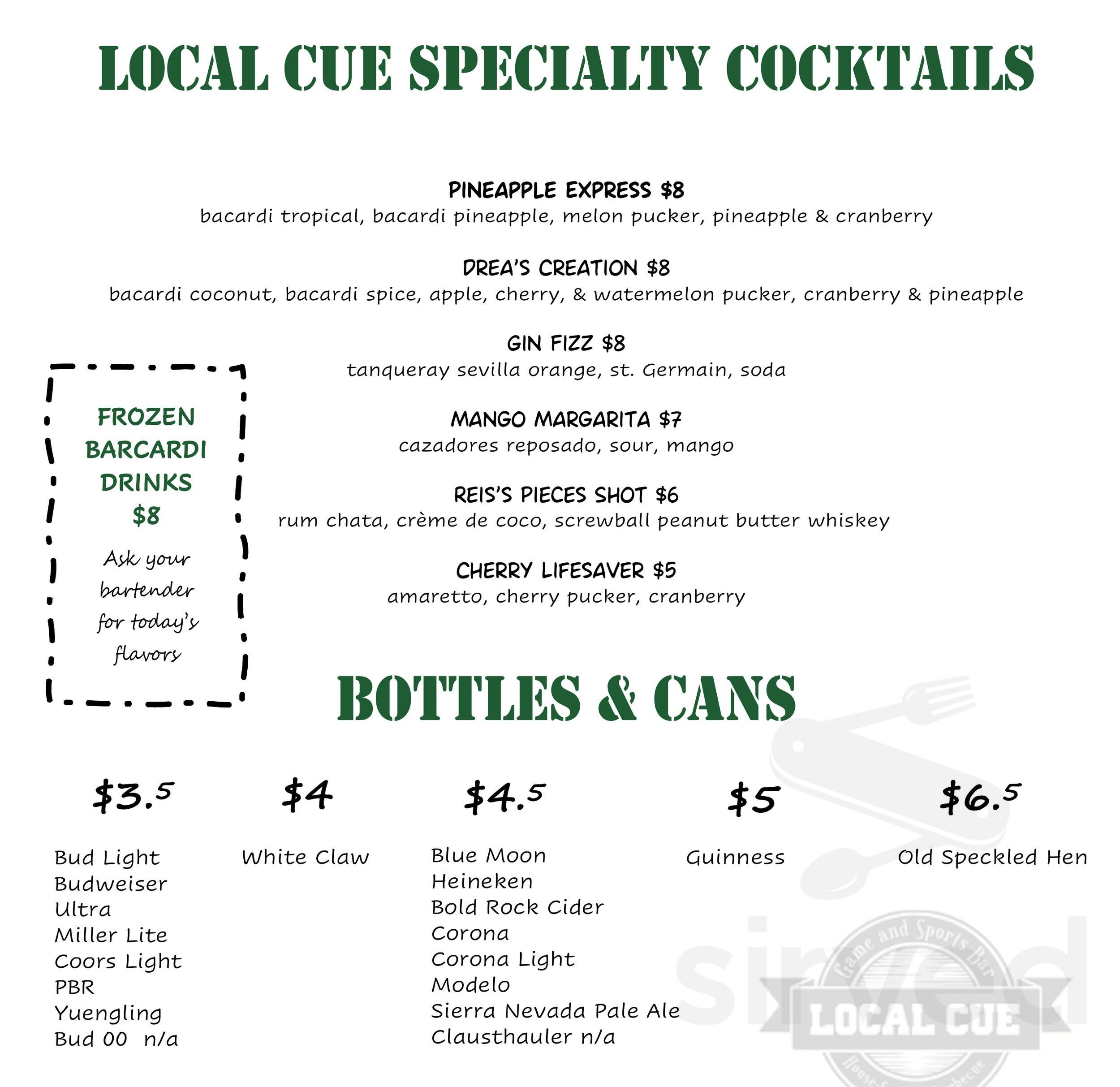 Local Cue Sports Bar menu in Greenville, South Carolina, USA