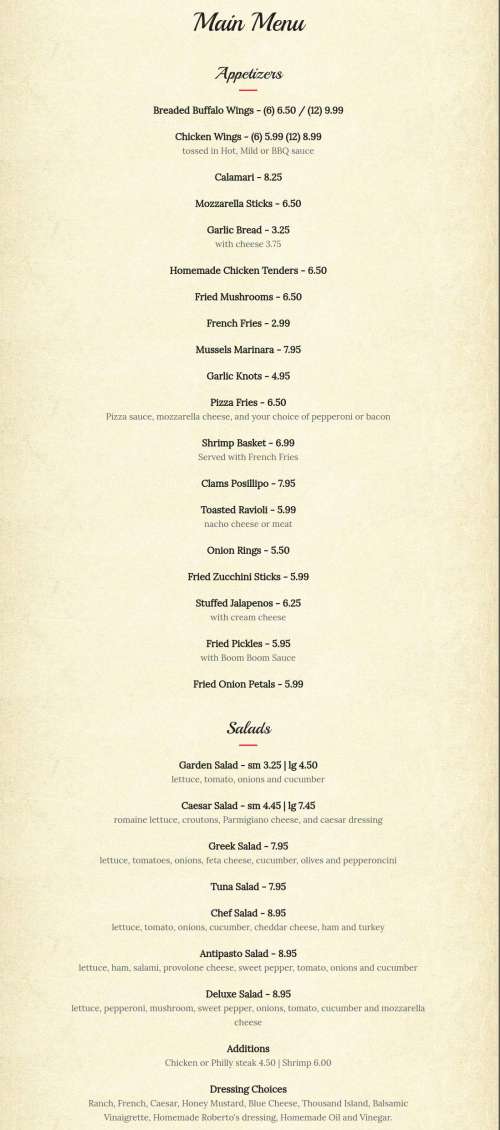Roberto Italian Restaurant menu in Sandston, Virginia, USA