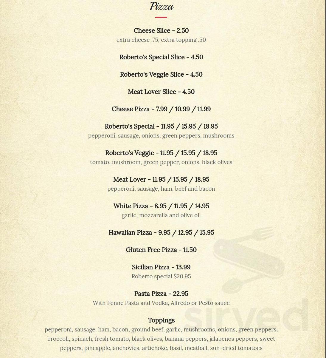 Roberto Italian Restaurant menu in Sandston, Virginia, USA