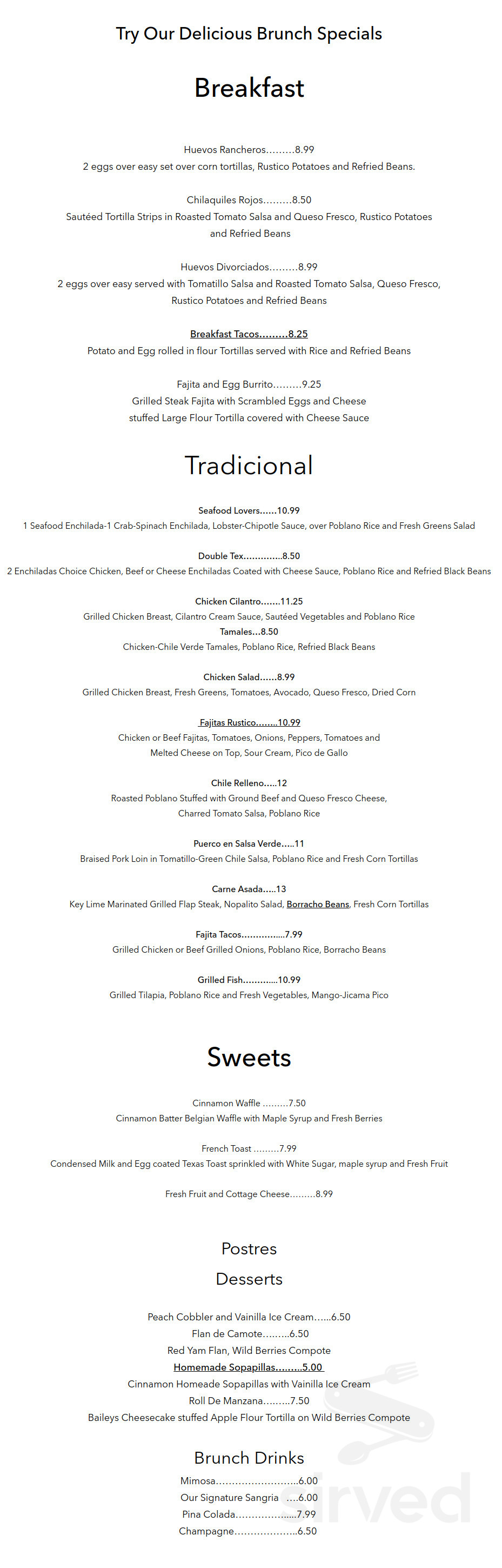 Menu for Rustico Fine Mexican Cuisine in Denison, TX | Sirved