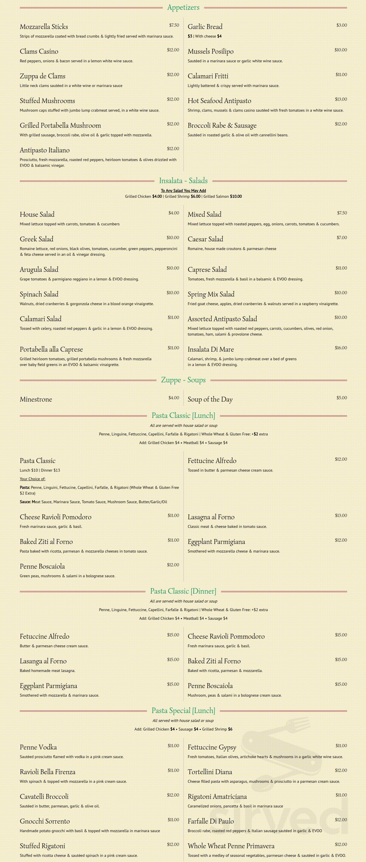 Capuano's menu in Flemington, New Jersey, USA