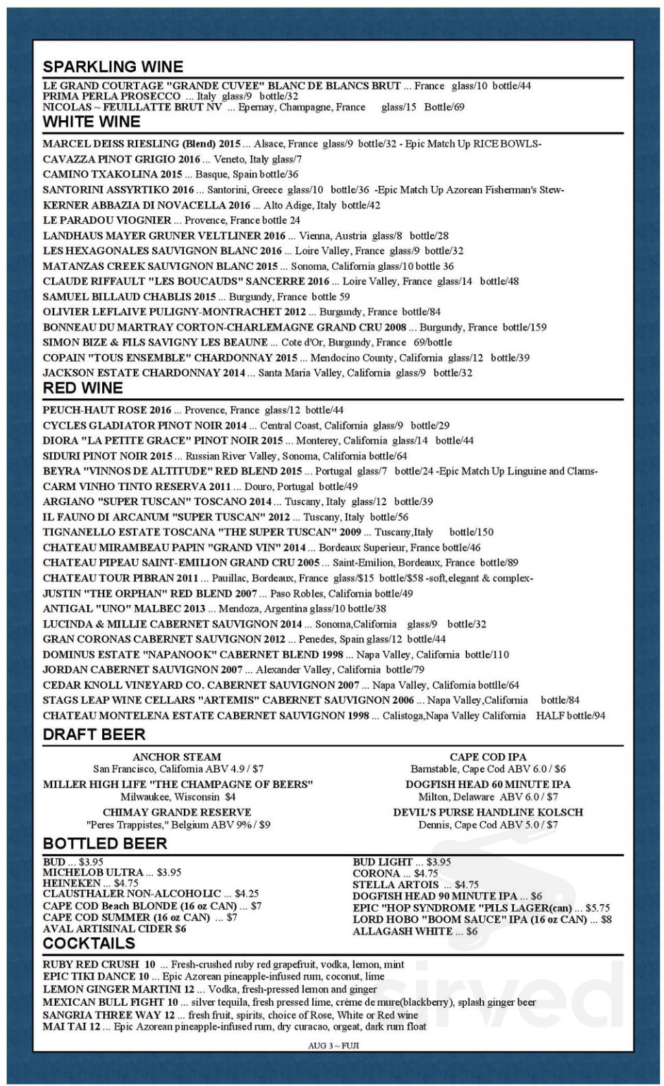 Menu for Epic Oyster in North Falmouth, MA | Sirved