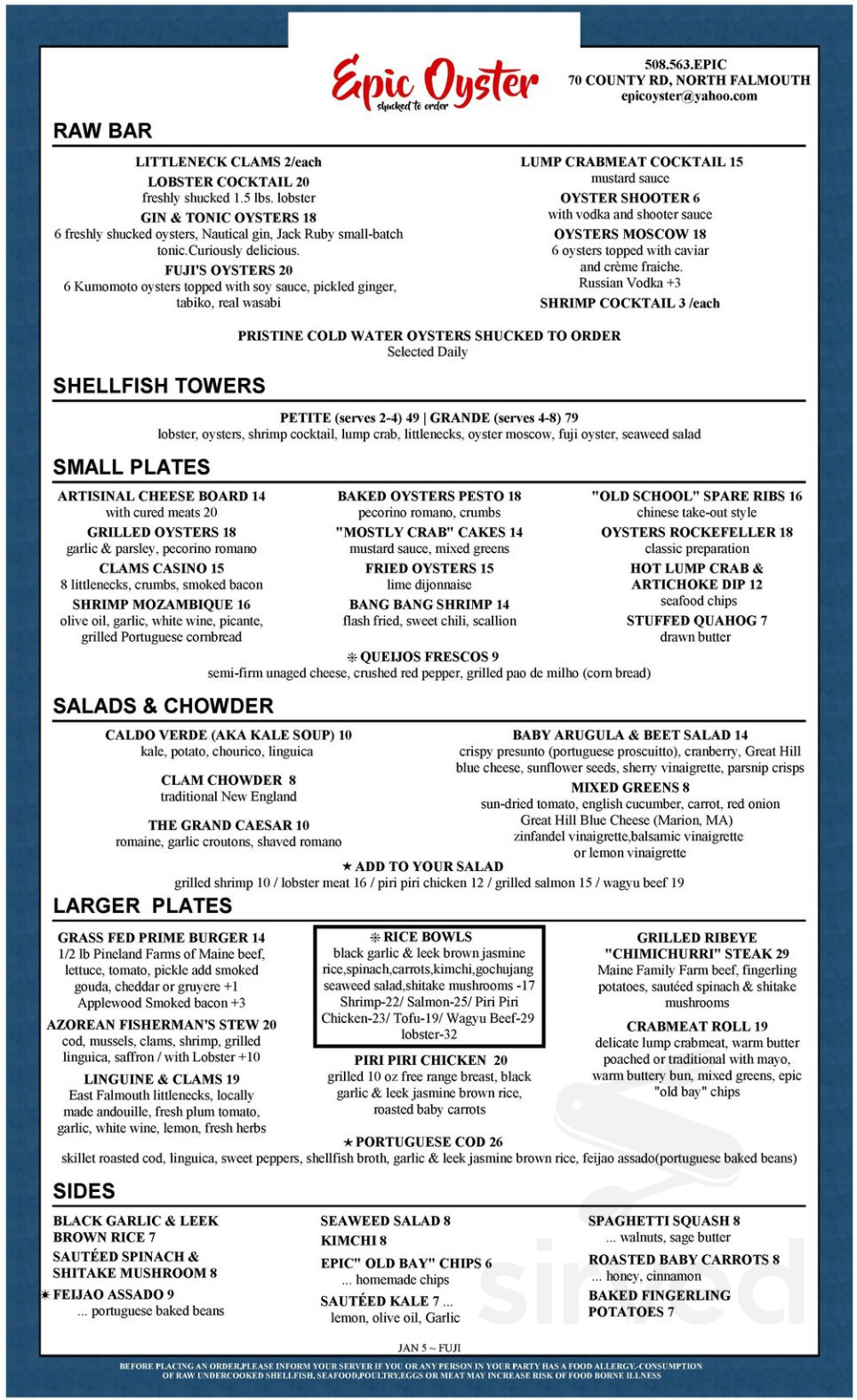 Menu for Epic Oyster in North Falmouth, MA | Sirved
